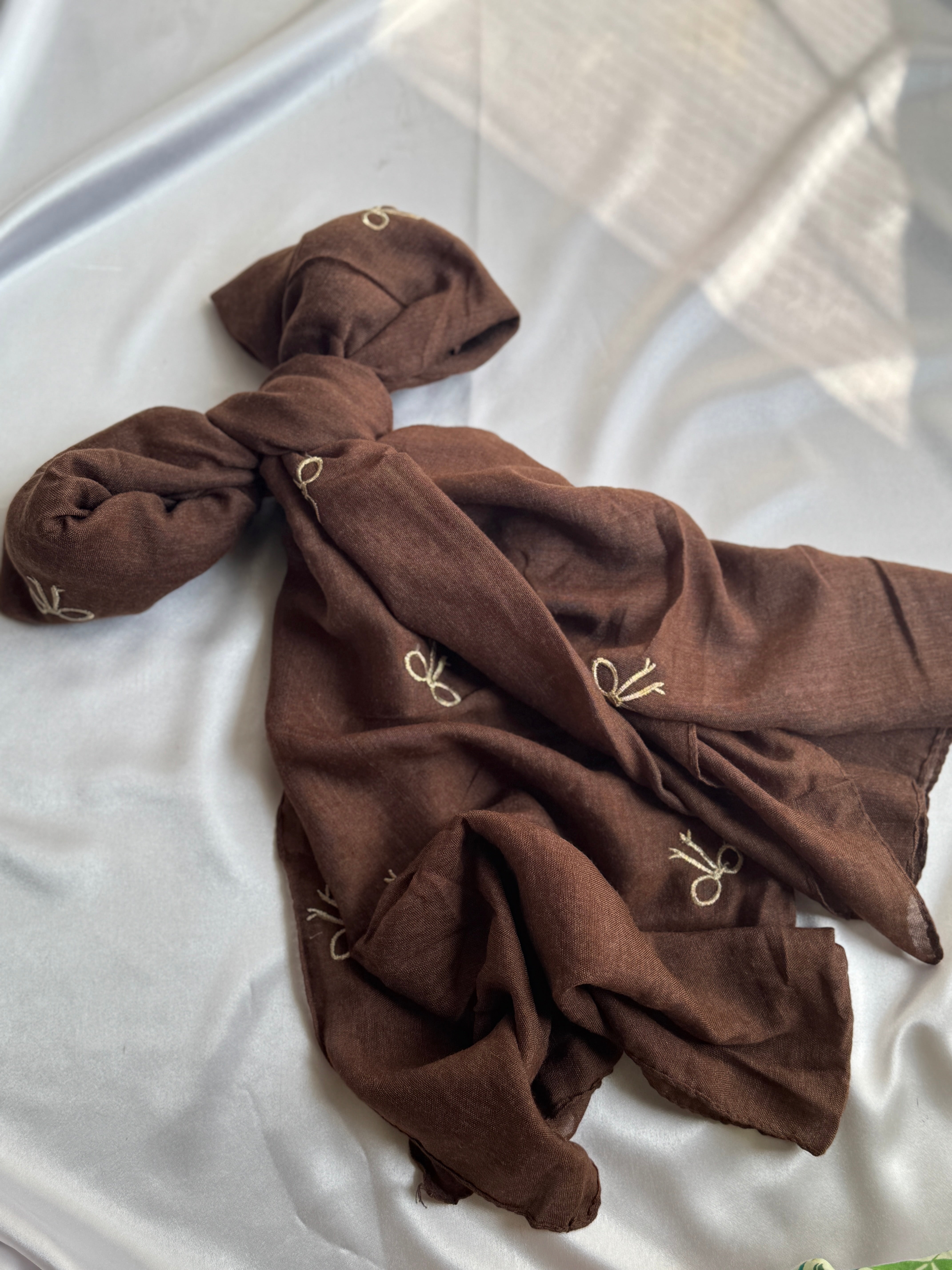 Embroidered Bow Hijabs- Chocolate – HappyHijabis.co